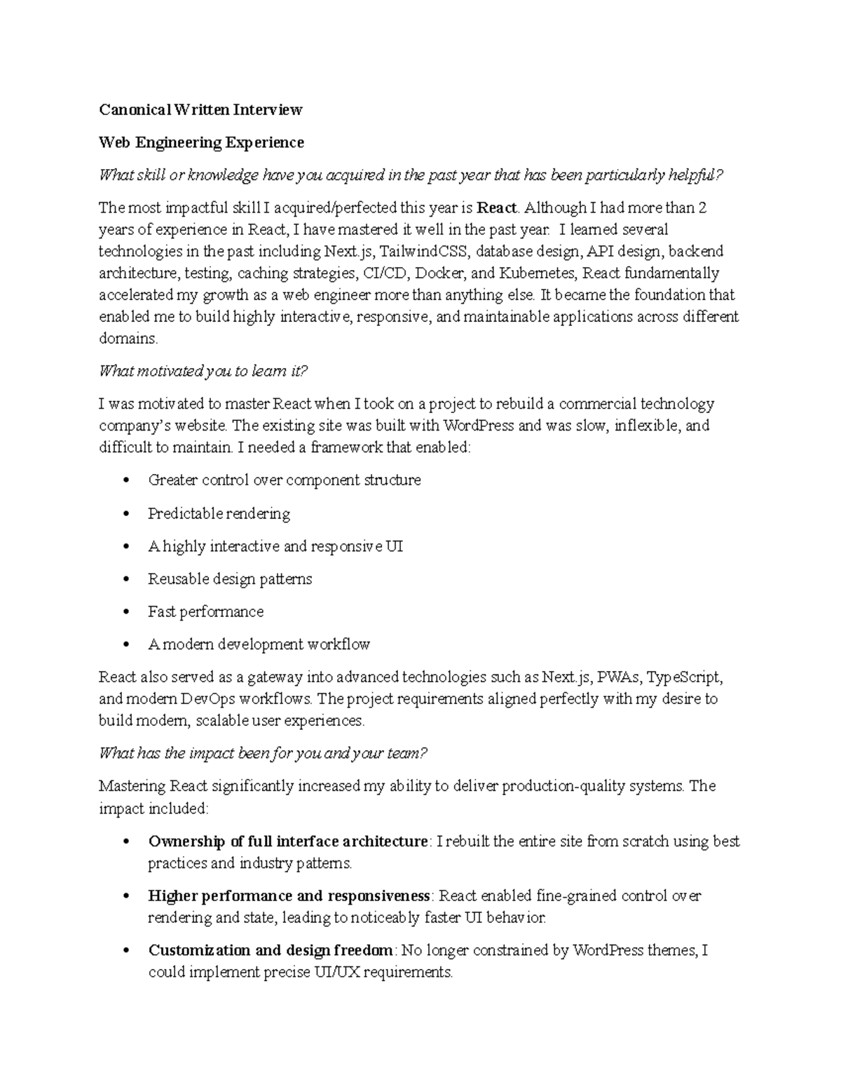 Canonical Written Interview: Web Engineering Skills and Experience ...