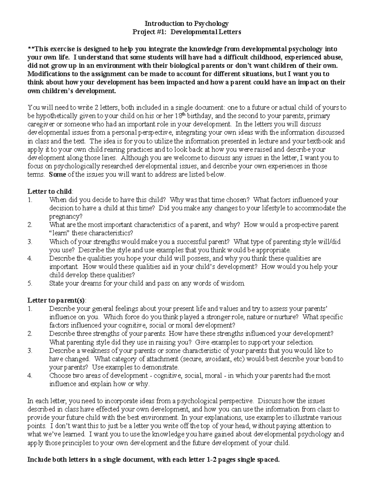 PSY100 Project 1Development Letters-3 - Introduction to Psychology Project #1: Developmental ...