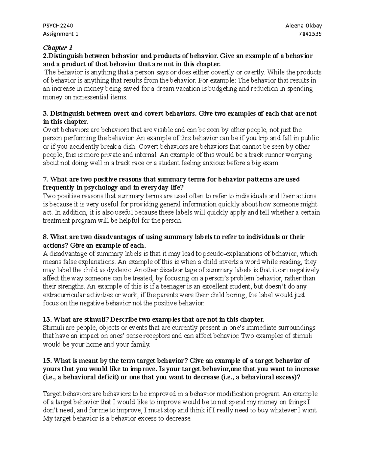 Behavior Modification Assignment 1 - Assignment 1 7841539 Chapter 1 2 between behavior and ...