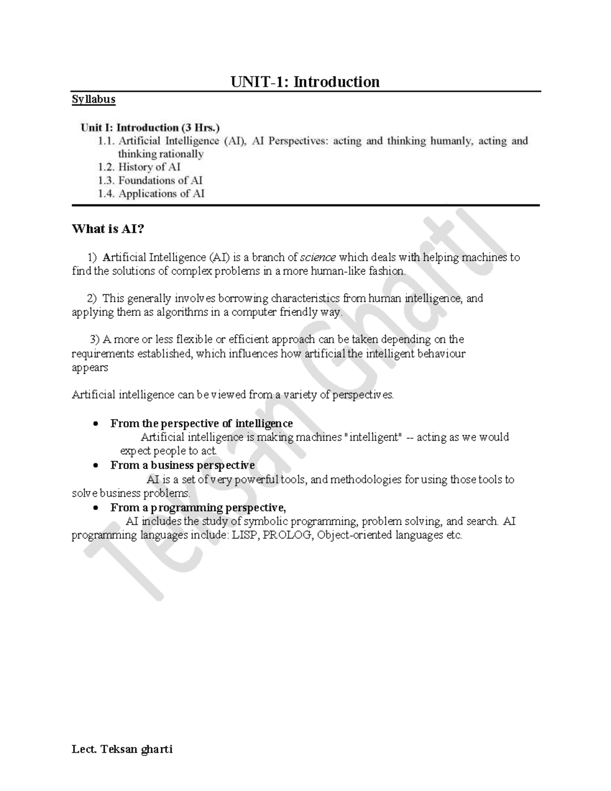 AI-Unit 1: Introduction to Artificial Intelligence Concepts and ...