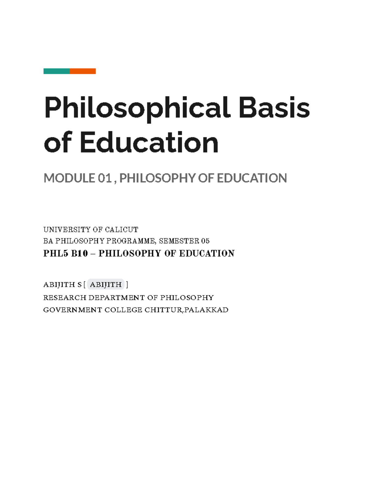 Philosophy of Education: Study Material for BA PHL5 B10 Module 01 - Studocu