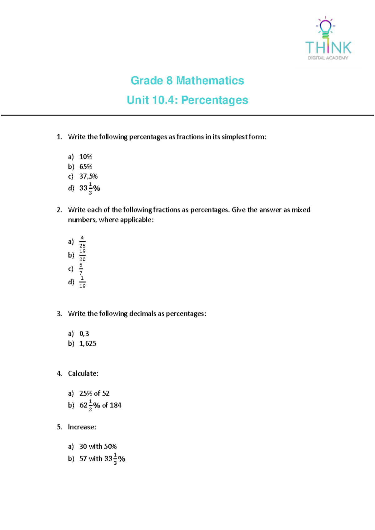 Grade 8 Math Unit 10.4: Percentages Worksheet - Studocu