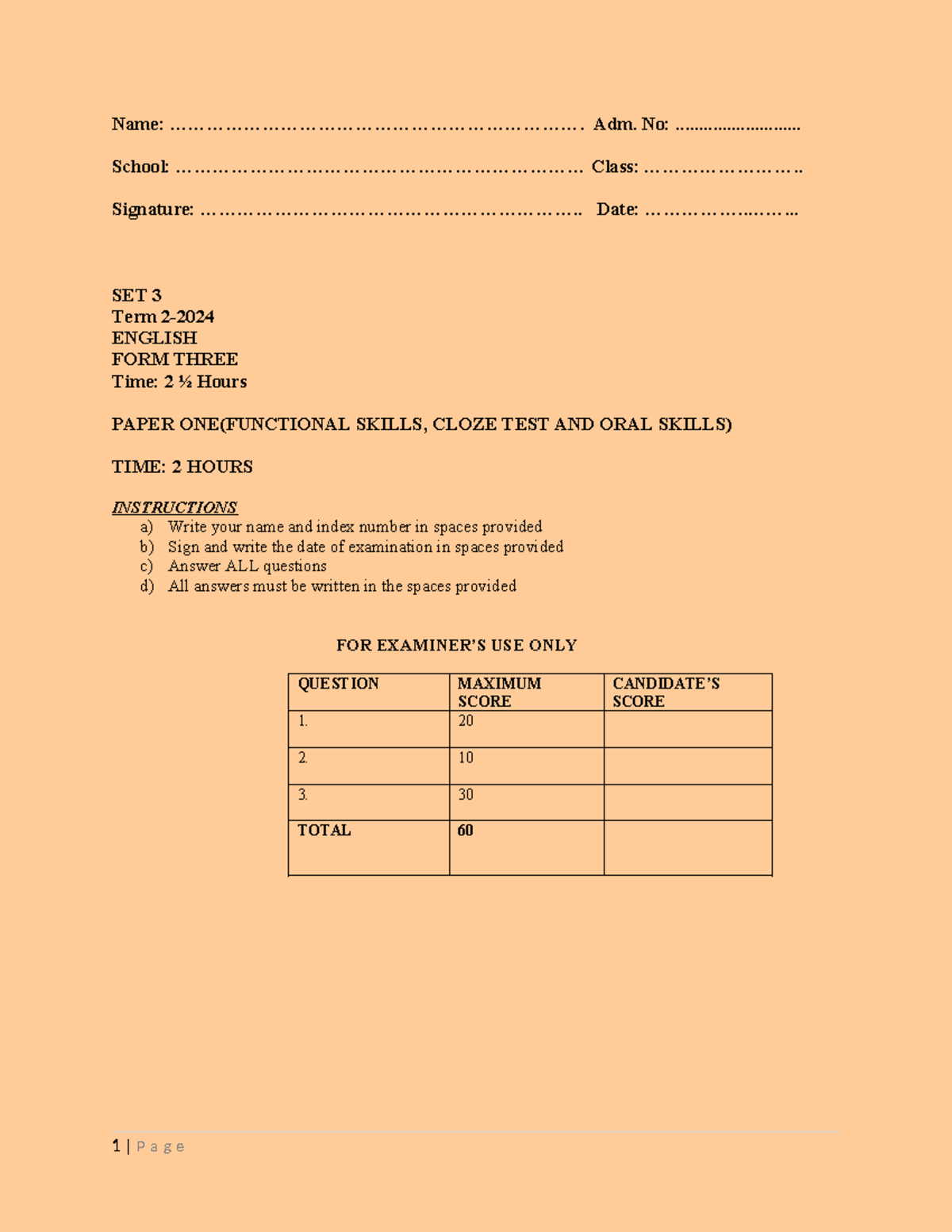 Trial 3 - ENG FORM 3 P1: English Exams Paper with Instructions - Studocu