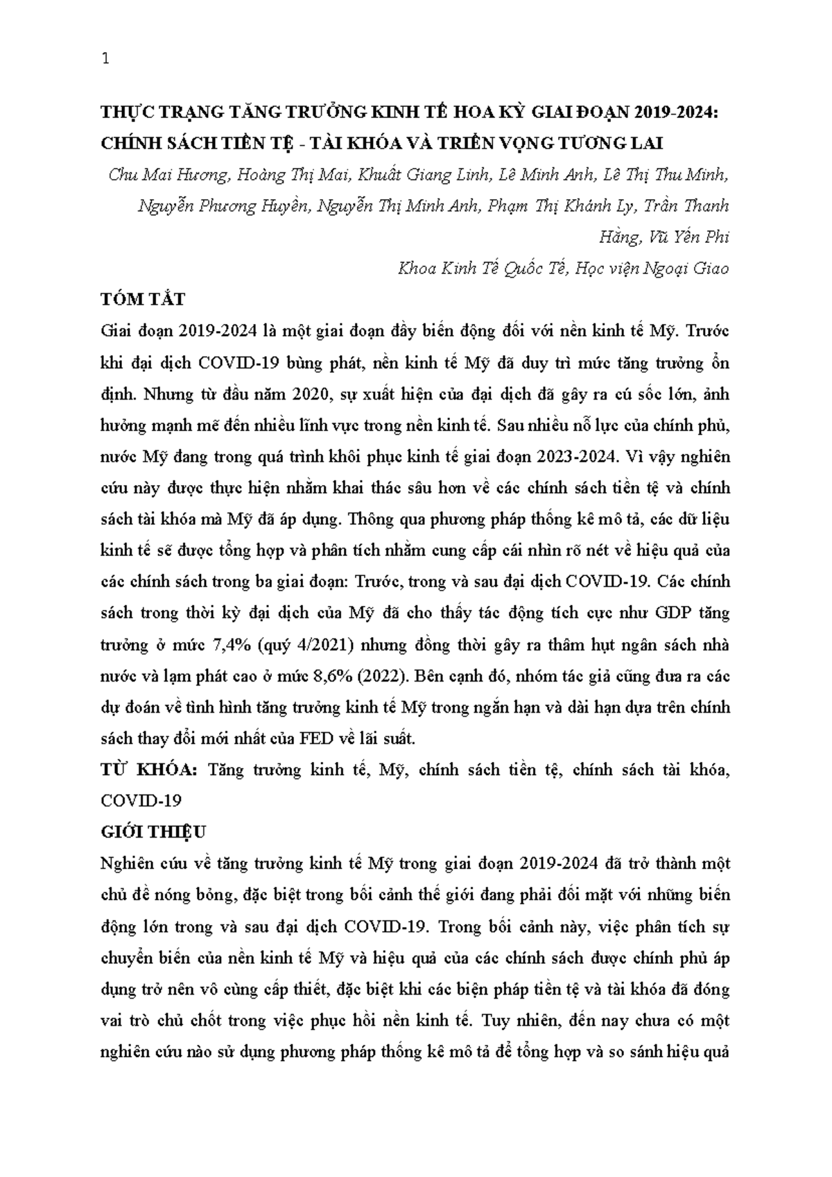 NCKH KTPT NHÓM 2 - Tăng trưởng Kinh tế Mỹ 2019-2024: Chính sách Tài ...