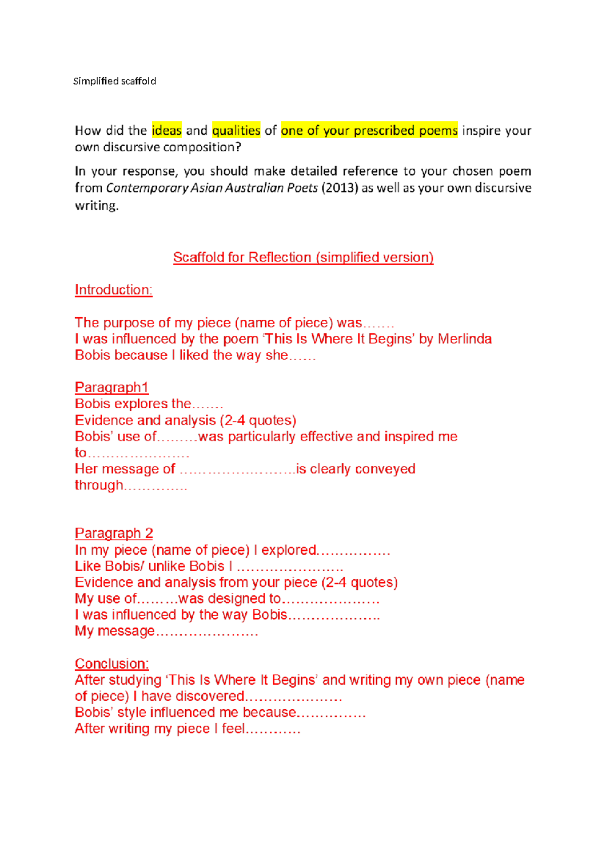 EALD Simplified scaffold for reflection - Simplified scaffold How did ...