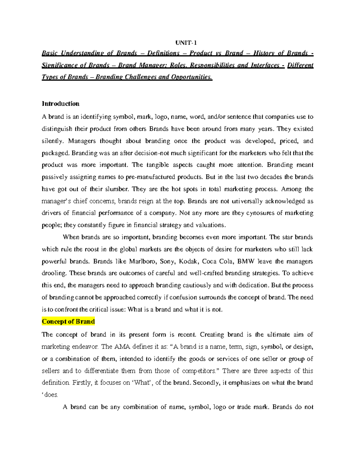 UNIT 1 Introduction Brand Management min - UNIT- Basic Understanding of ...