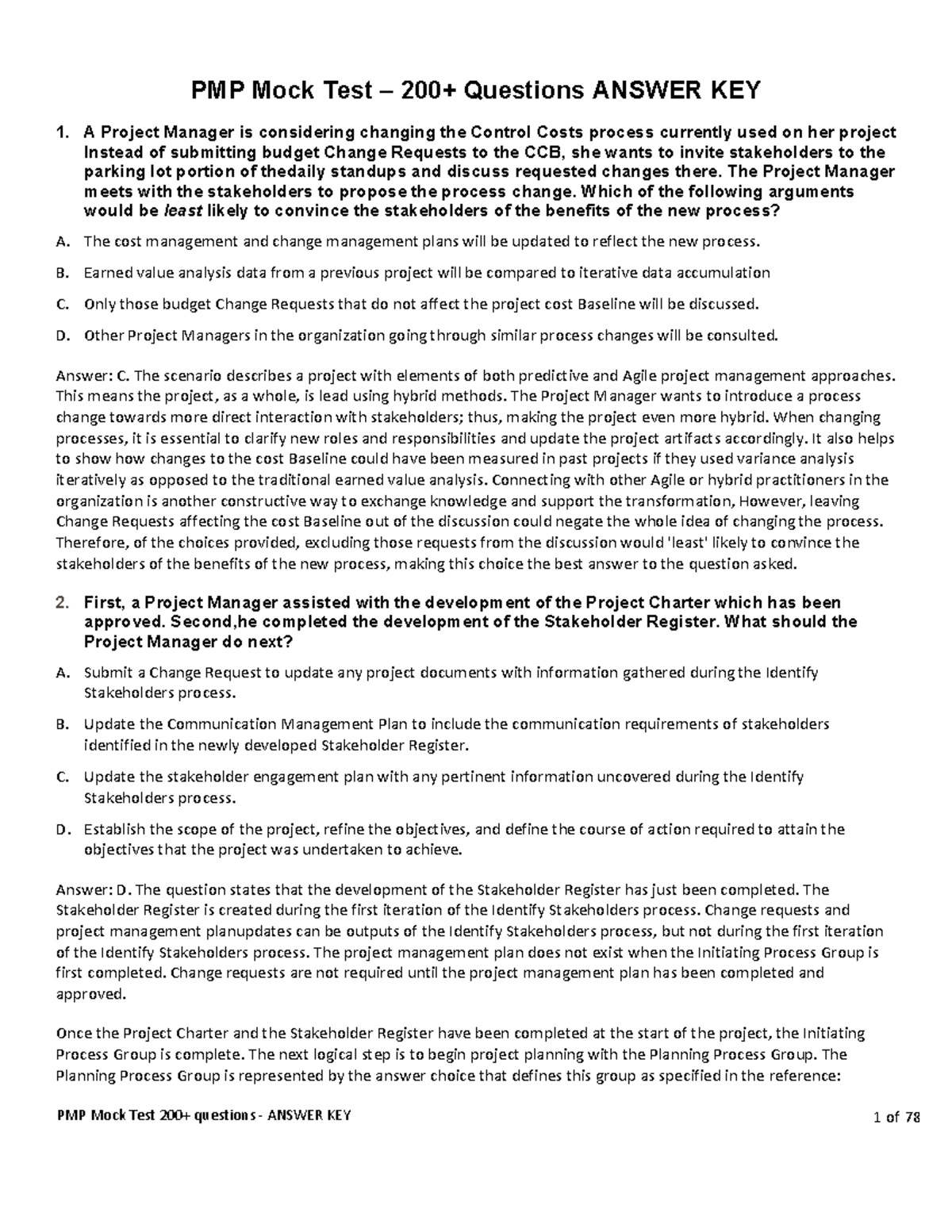 PMP Mock Test: 200+ Questions & Answer Key for Exam Prep - Studocu