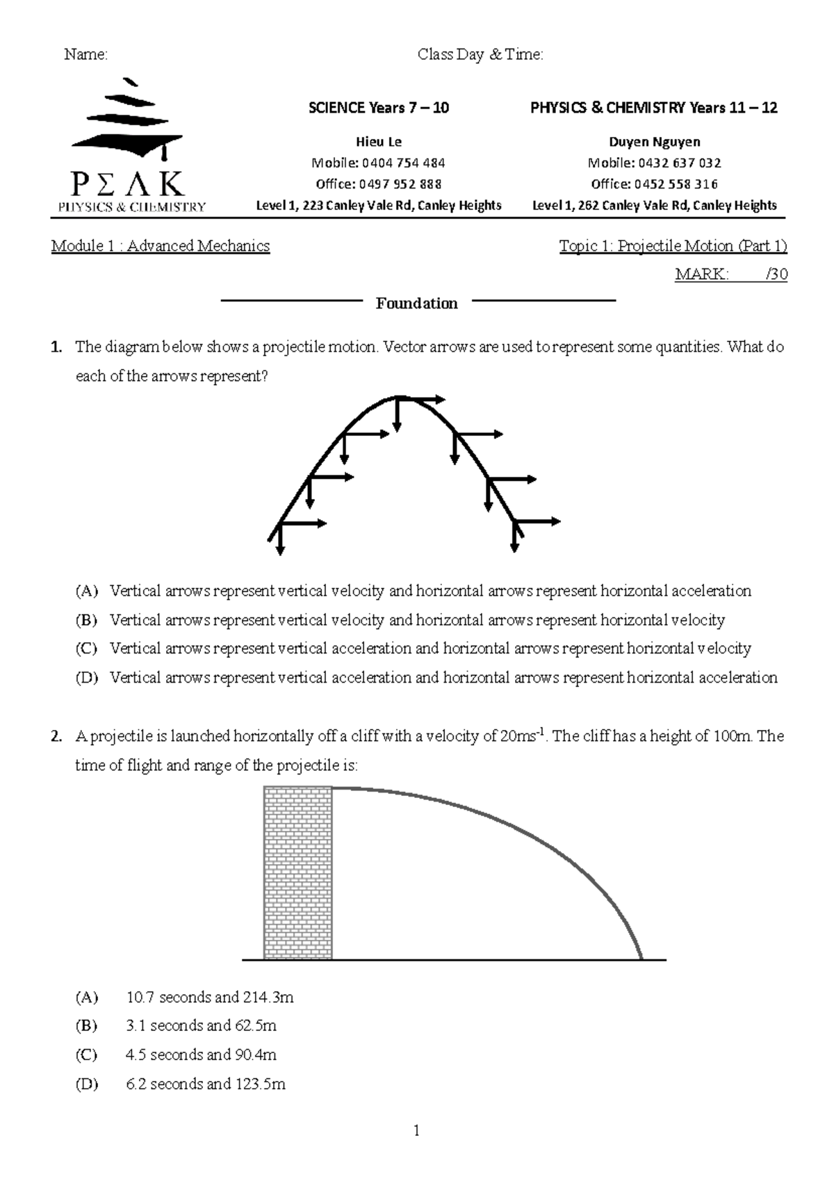 Projectile Motion - Practice Qs (Module 1 - Adv Mechanics) - Studocu