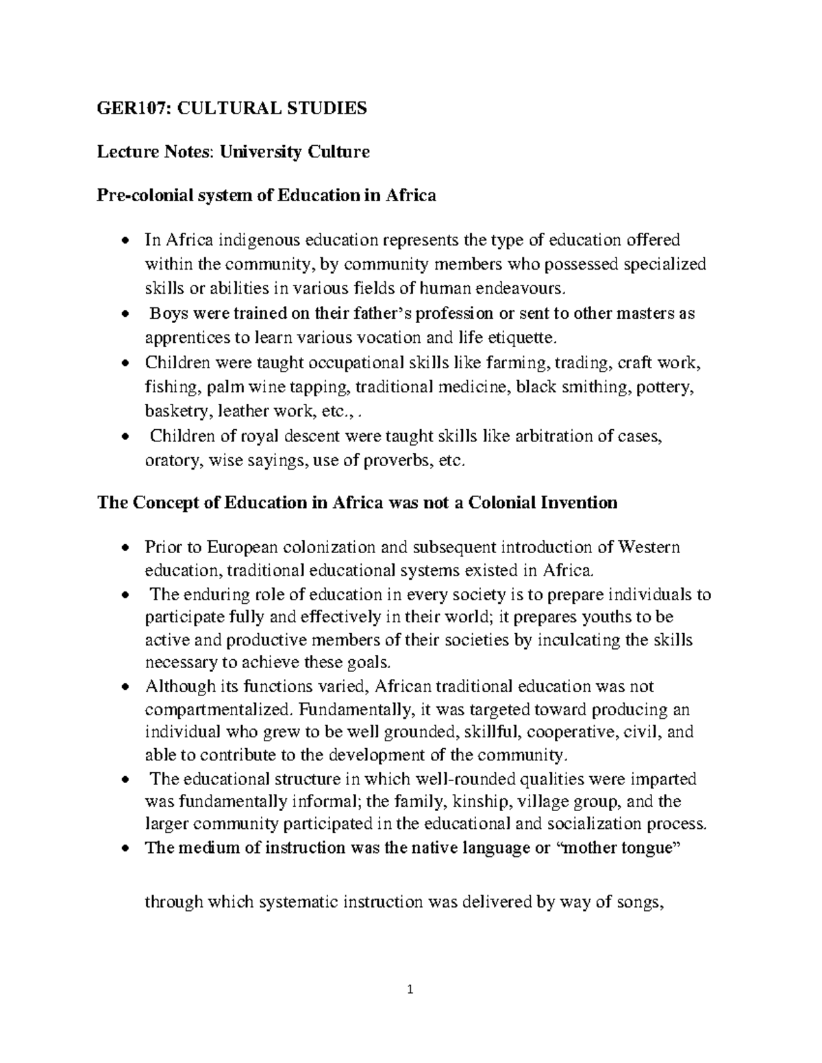 GER107: Cultural Studies Lecture Notes on Education in Africa - Studocu