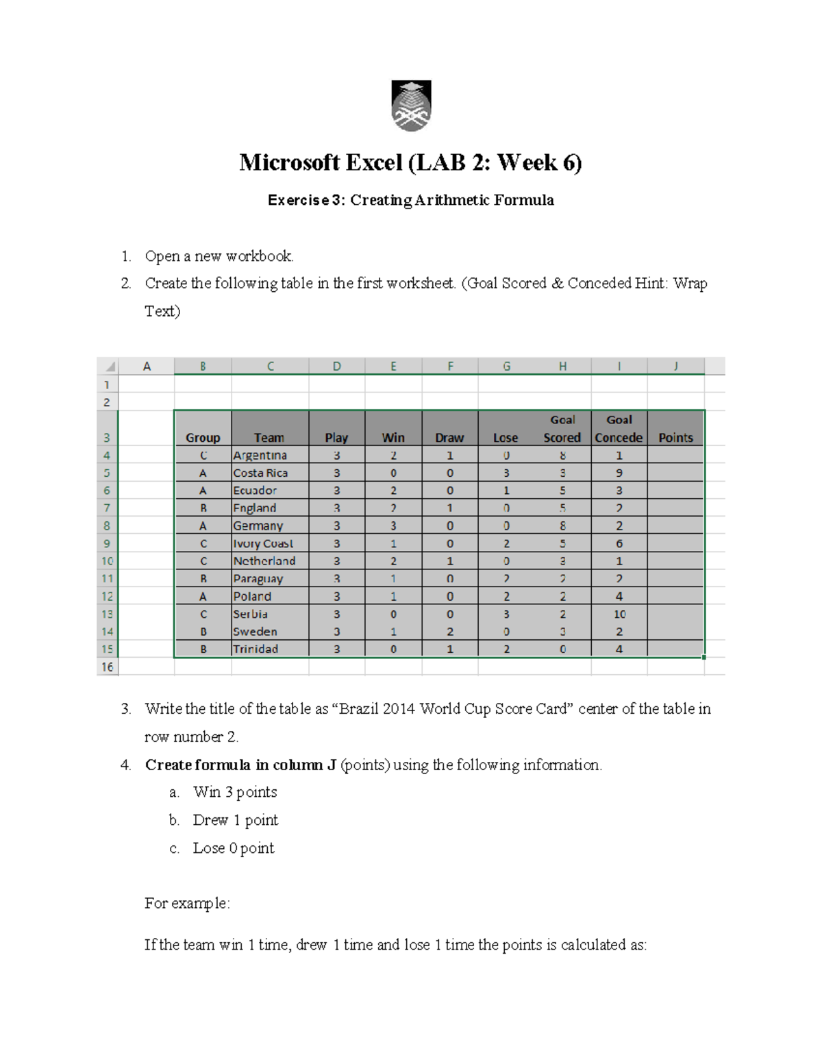 Lab Exercise Excel (LAB 2: Week 6) - Creating Arithmetic Formulas - Studocu