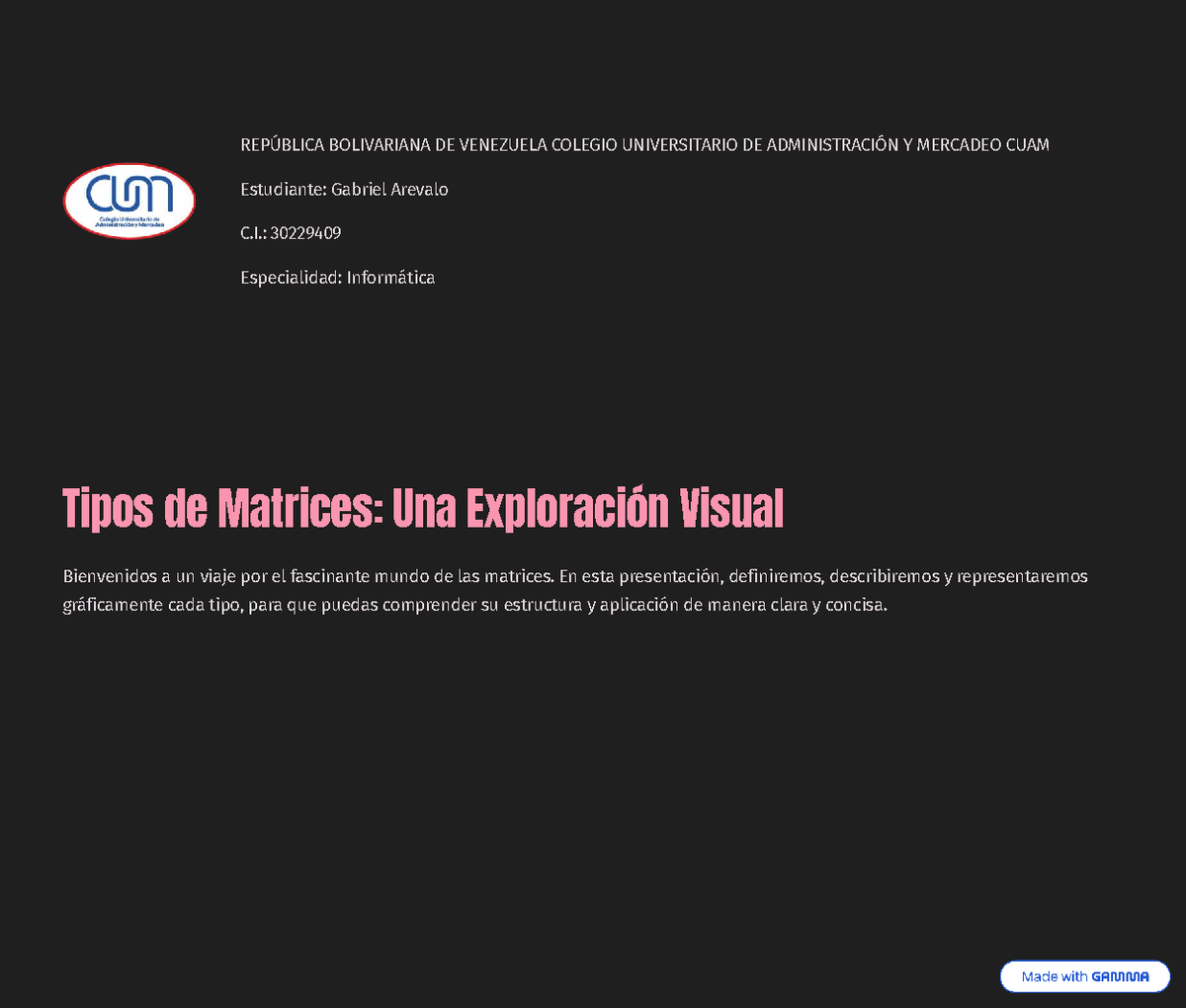 Tipos de Matrices: Exploración Visual en Informática - CUAM - Studocu