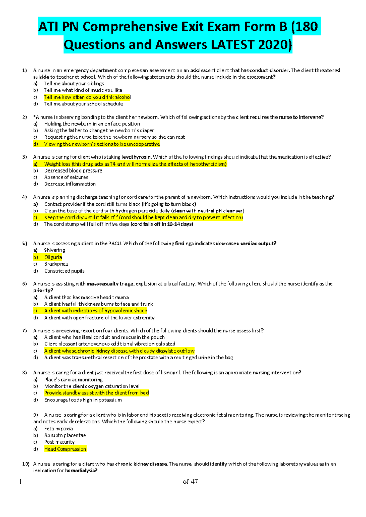 ATI PN Comprehensive Exit Exam Form B: 180 Q&A Review (Latest 2020 ...