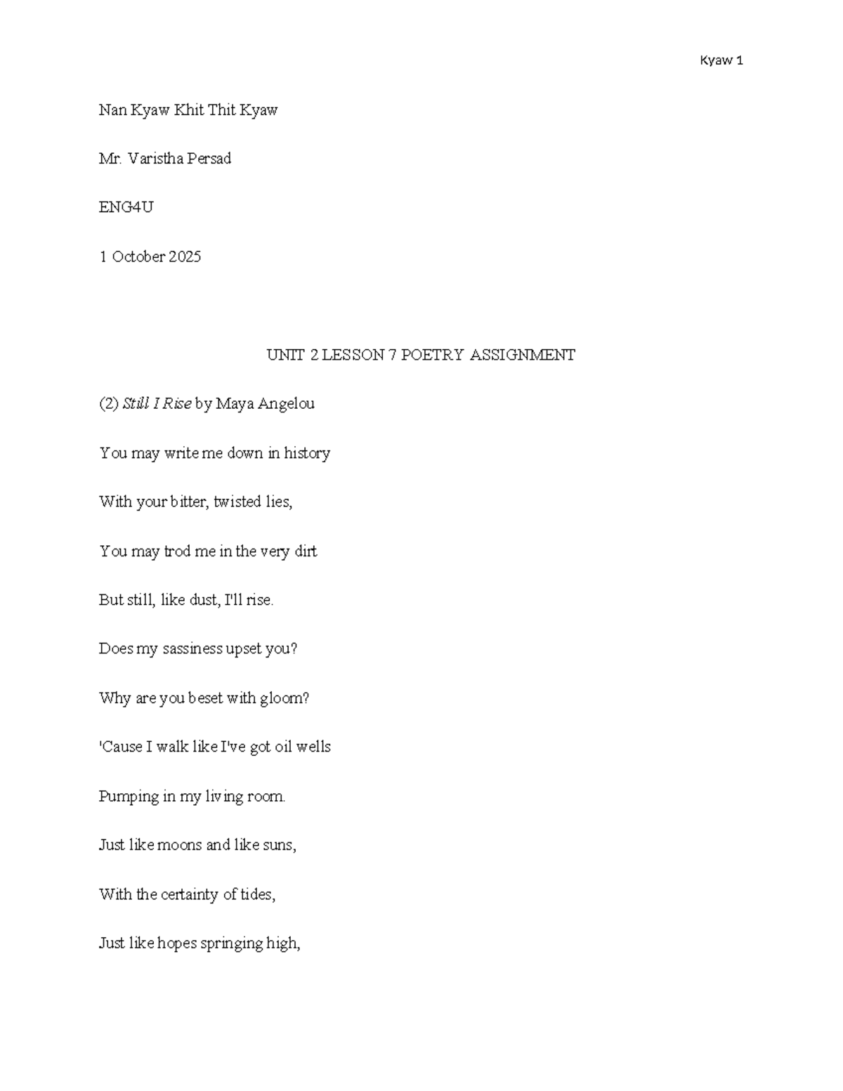 ENG4U Unit 2 Lesson 7: Analysis of Maya Angelou's "Still I Rise" - Studocu