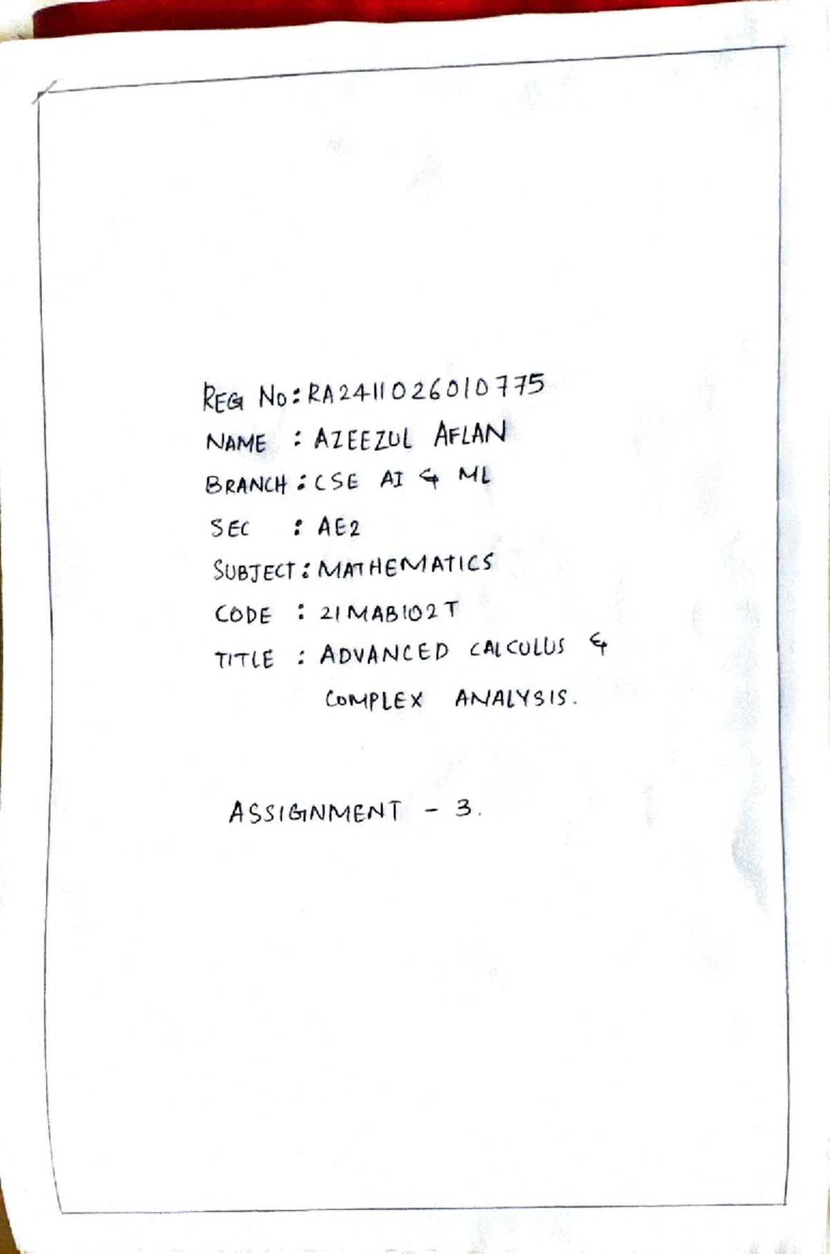 21MAB102T Advanced Calculus & Complex Analysis Assignment 3 - Studocu