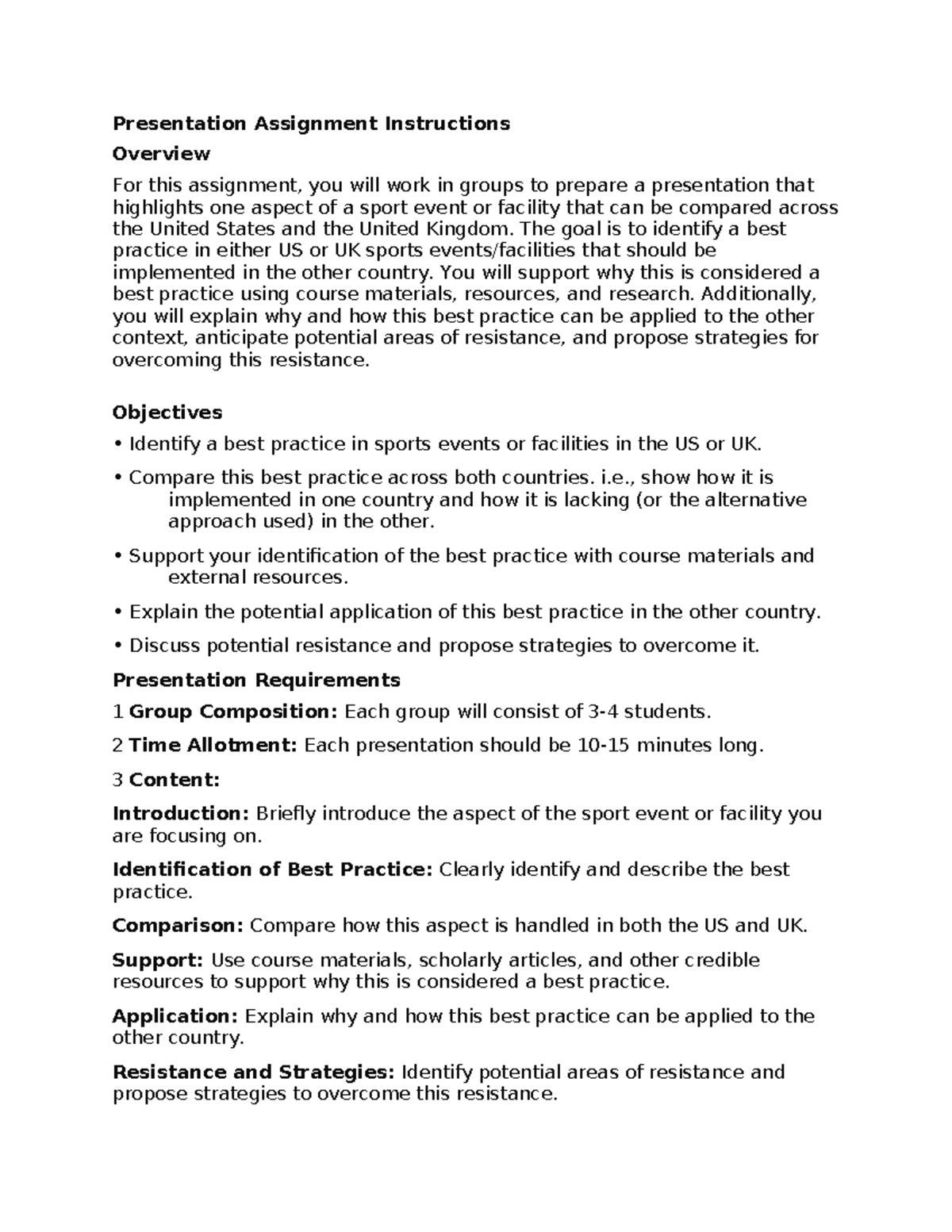 Presentation Assignment: Best Practices in US & UK Sports - Studocu