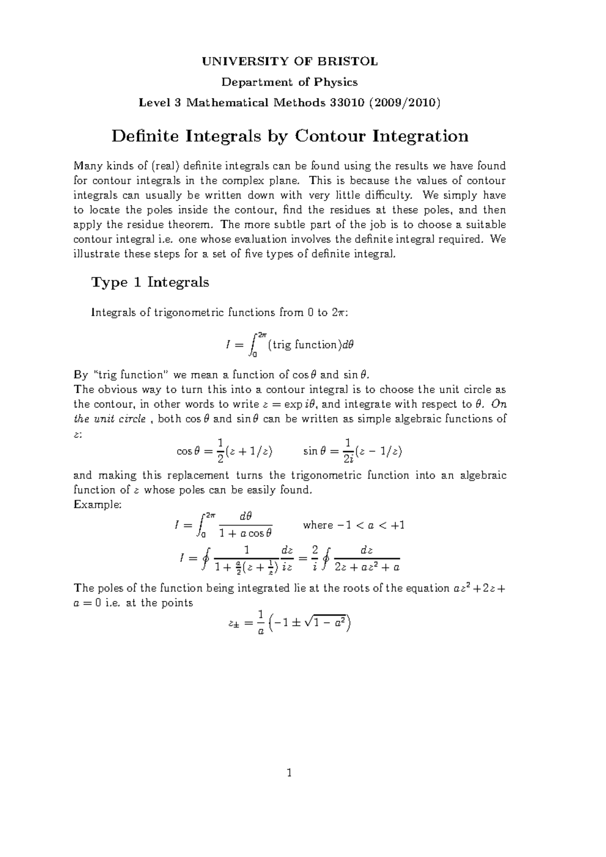 Mathematical Methods 33010: Definite Integrals & Contour Integration ...