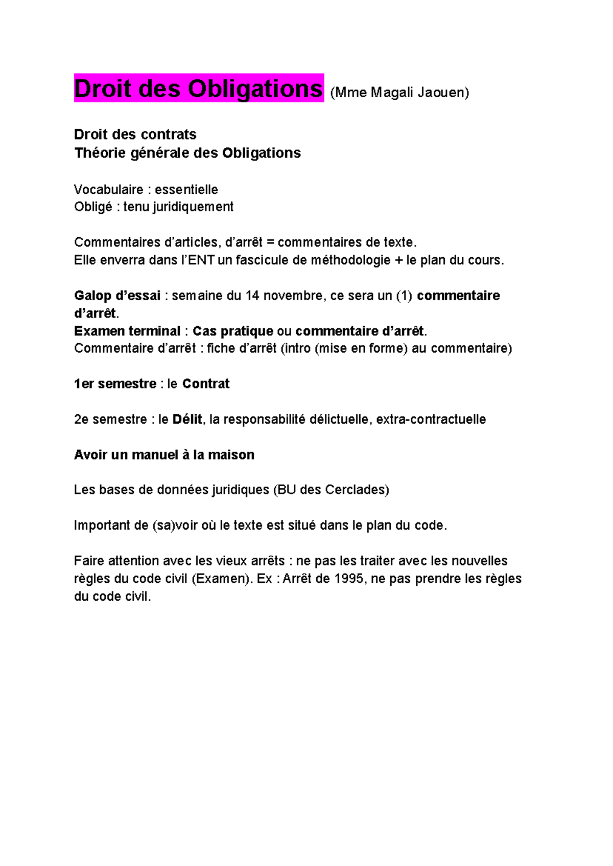Droit des Obligations - Cours et Examen (1er Semestre) - Studocu