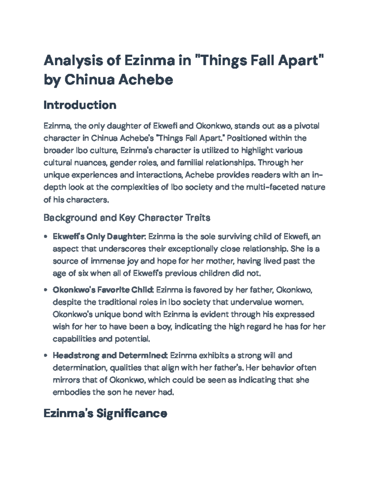 Analysis of Ezinma's Role in "Things Fall Apart" (ENG 101 Essay) - Studocu