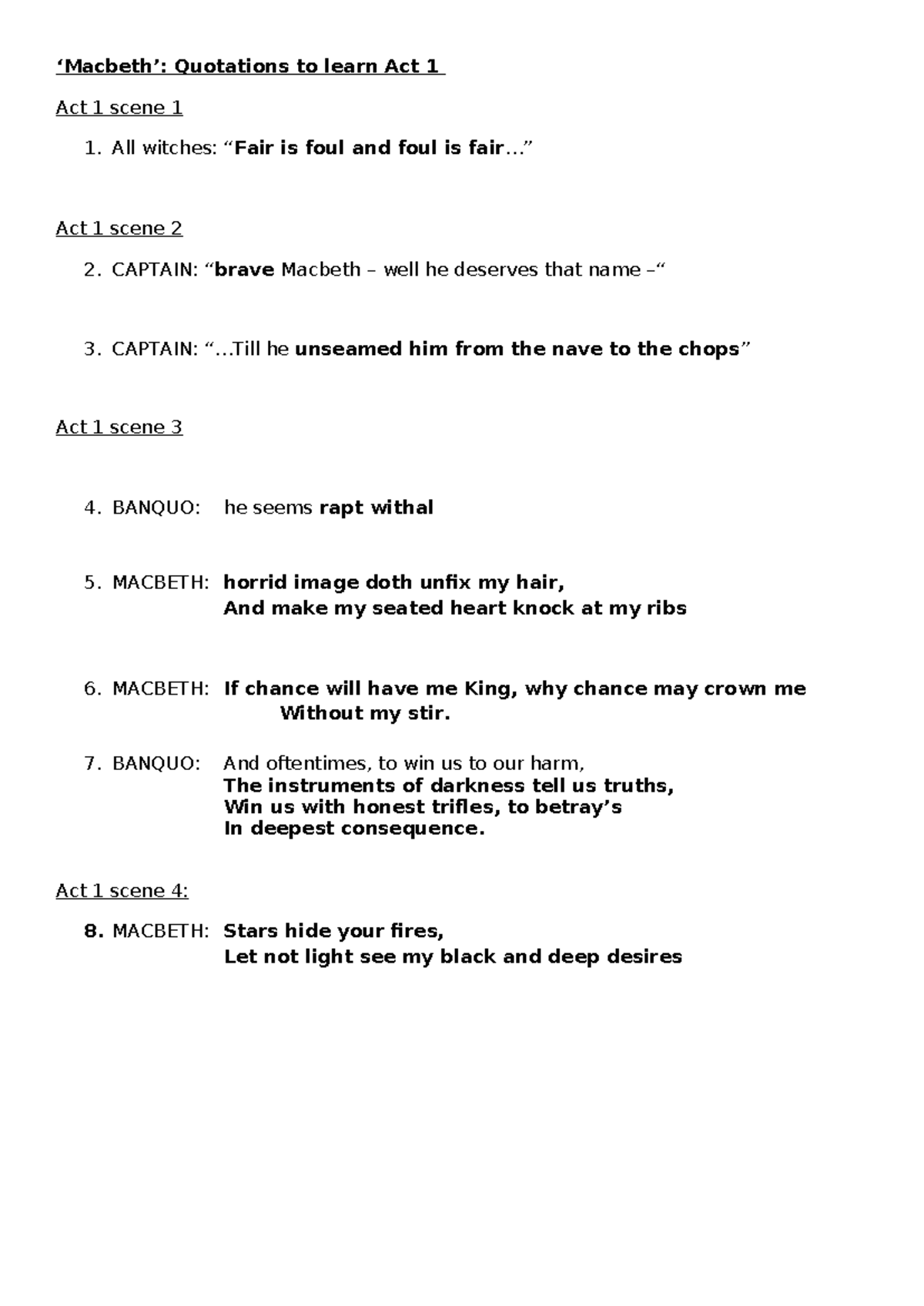 Macbeth Act 1 Quotations: Key Lines to Master - Studocu