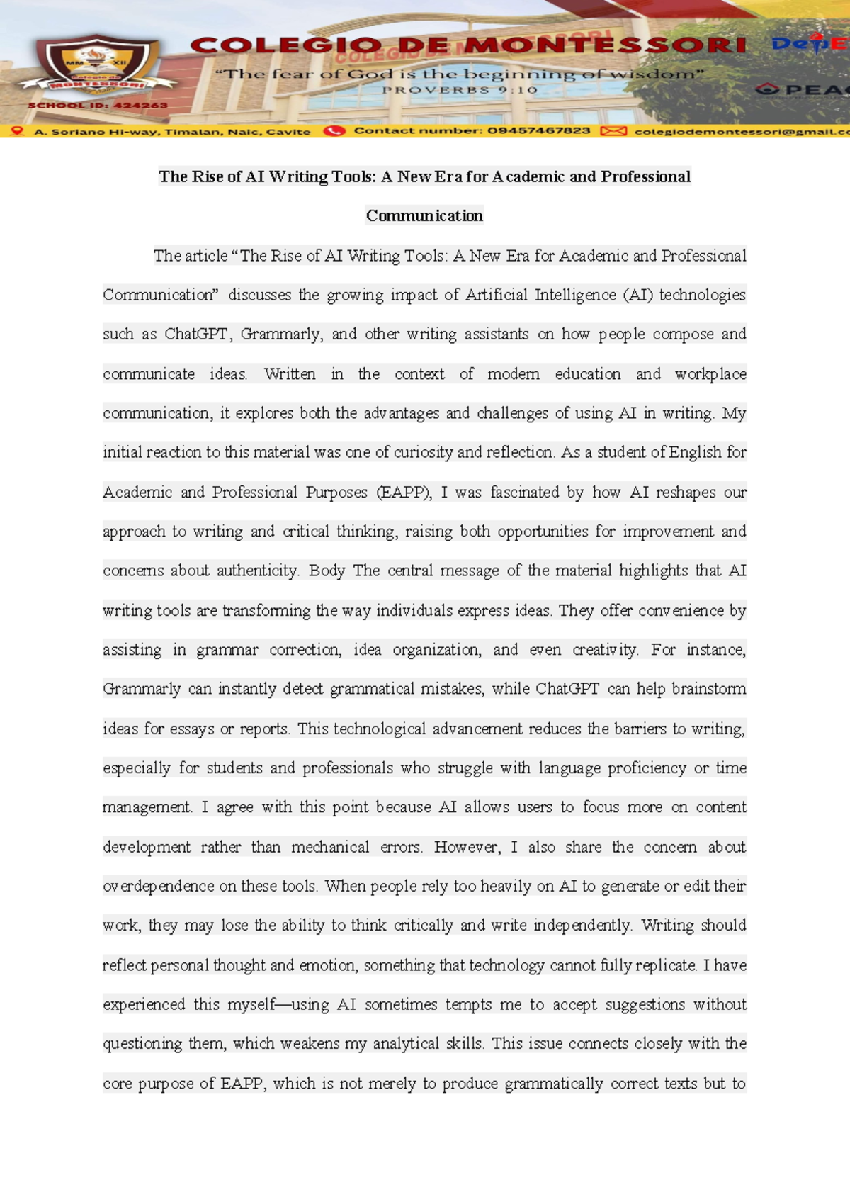 EAPP Performance Task 4: Reaction to AI Writing Tools Impact - Studocu