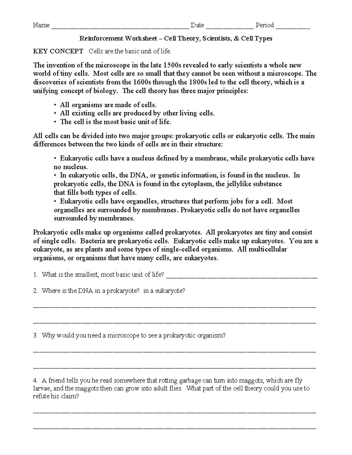 Reinforcement Worksheet - Cell Theory & Types (BIO 101) - Studocu