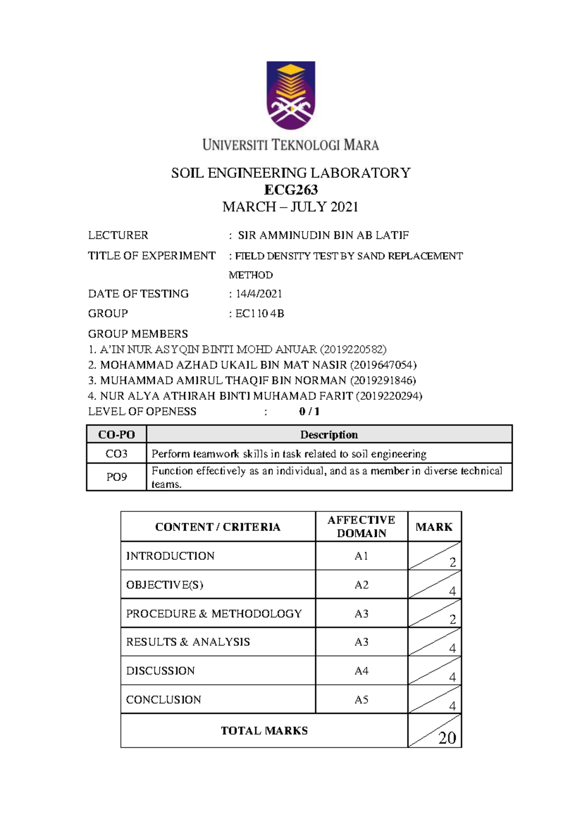 Field Density TEST BY SAND Replacement - Civil Engineering - UiTM - Studocu