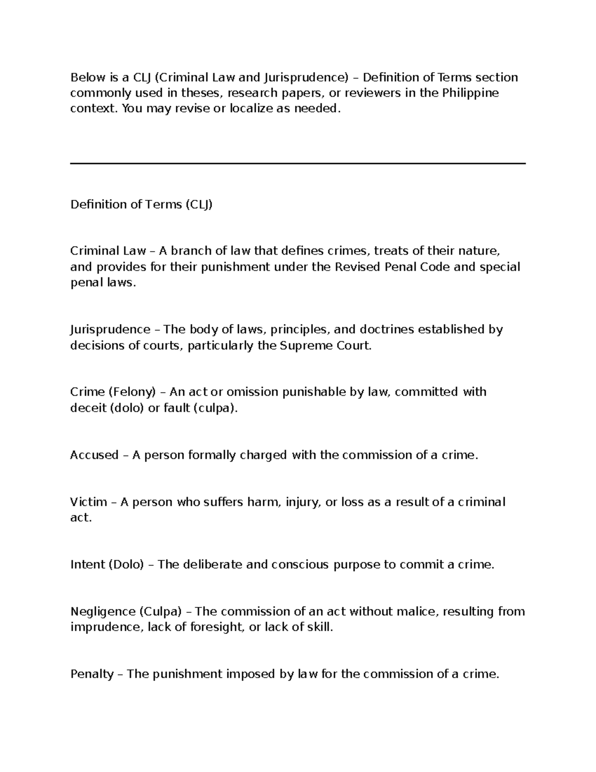 CLJ Definition of Terms: Key Concepts in Criminal Law and Jurisprudence ...