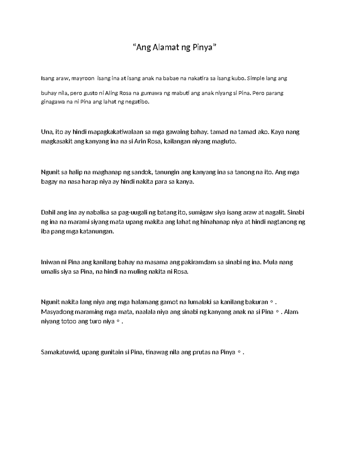 Alamat ng Pinya: Kwento ni Aling Rosa at Pina - Studocu