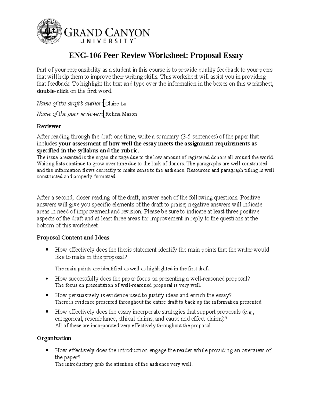 ENG-106 WK 6 Proposal Essay Peer Review Worksheet - Studocu
