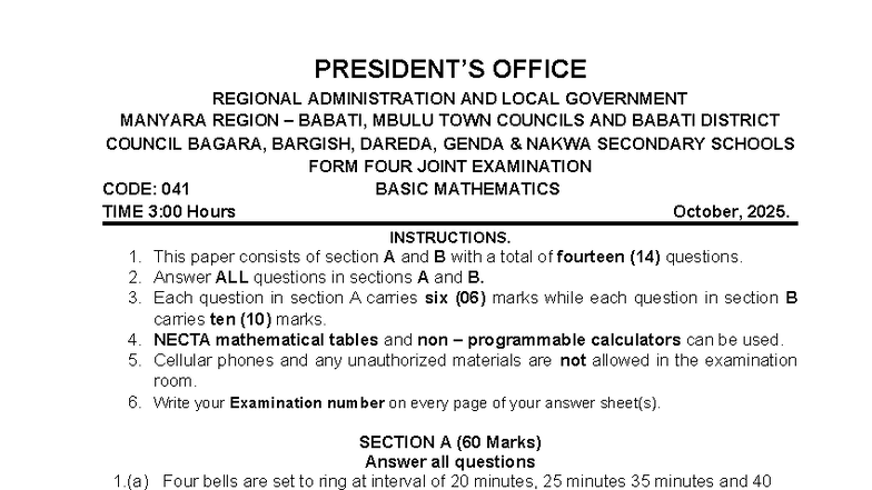 Basic Mathematics F4 Joint Exam Code: 041 - October 2025 - Studocu