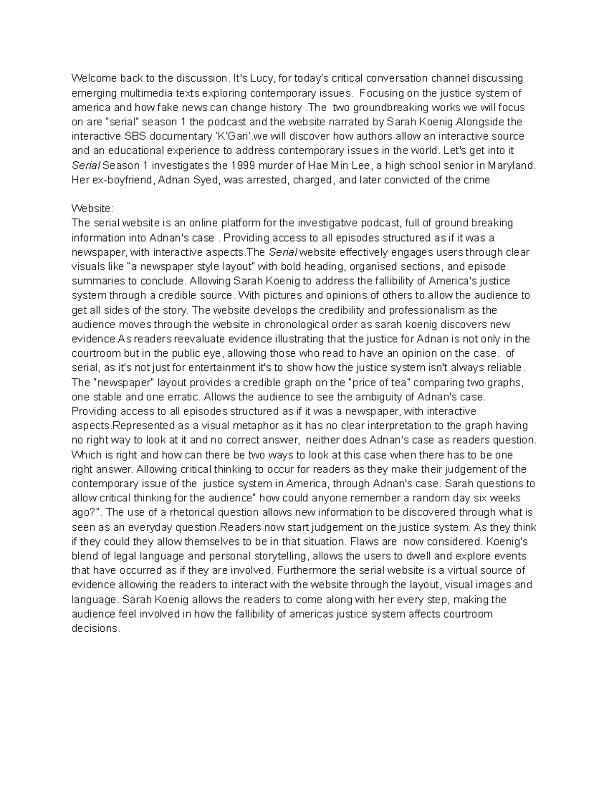ENG 101: Analyzing Justice in Serial Season 1 and Its Impact - Studocu
