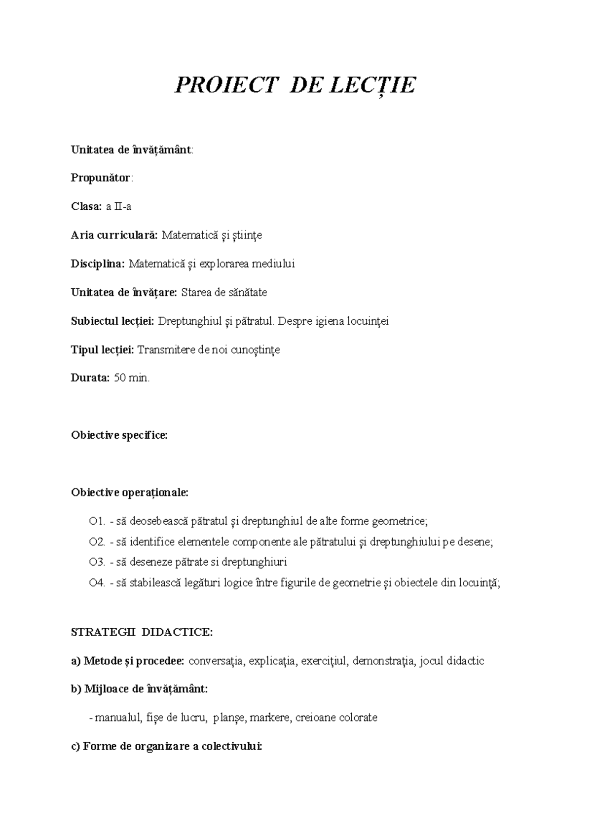 Schema proiect didactic - PROIECT DE LECŢIE Unitatea de învățământ ...