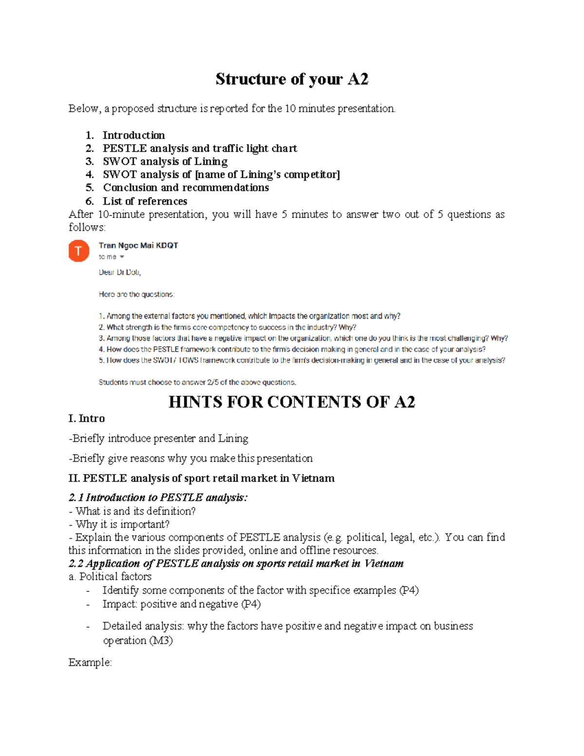 2024 A2 Presentation Structure: PESTLE & SWOT Analysis of Lining - Studocu