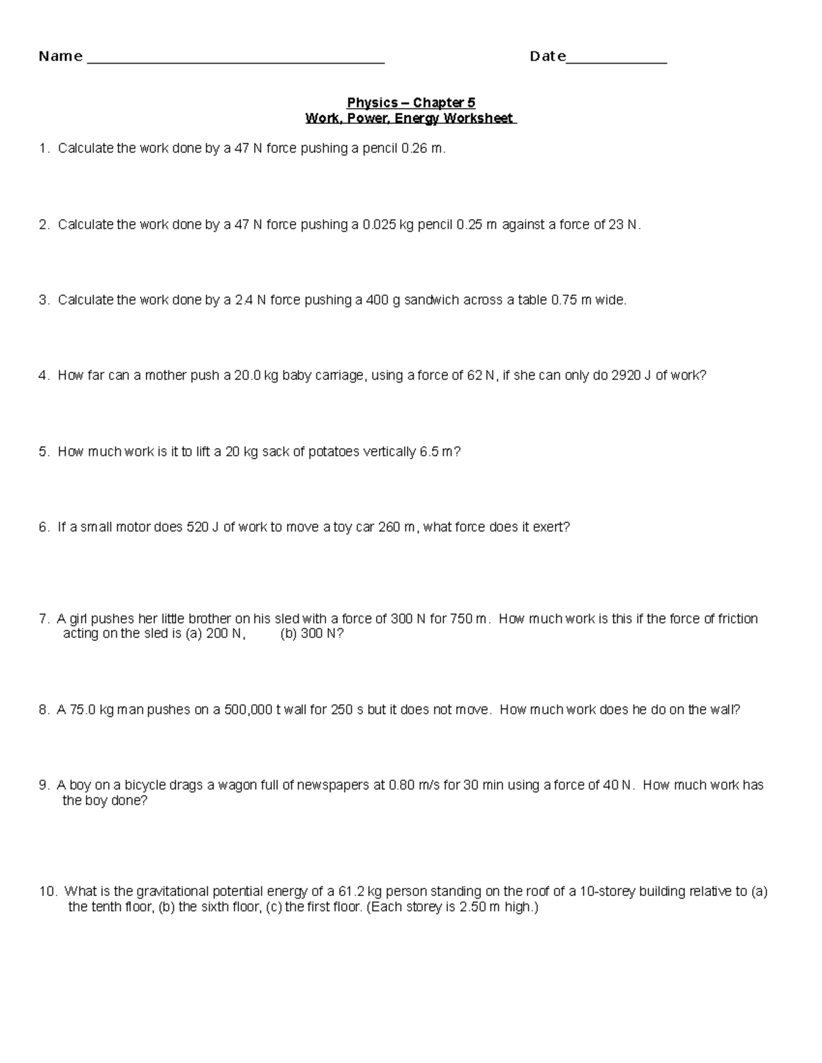 Work and Energy worksheet - Physics – Chapter 5 Work, Power, Energy ...