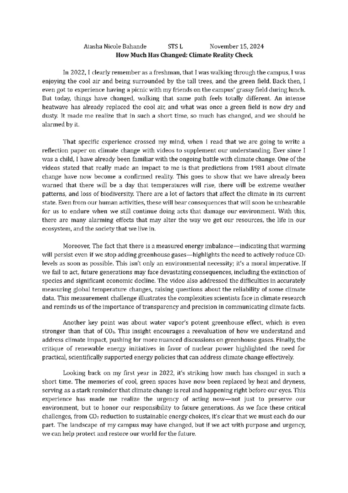STS L Reflection Paper: A Personal Take on Climate Change Impacts - Studocu