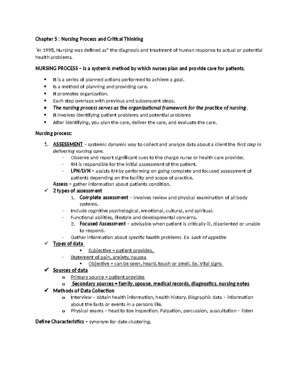 Quiz 3 Chapter 5. Nursing Process and Critical Thinking - Chapter 5 : Nursing Process and ...