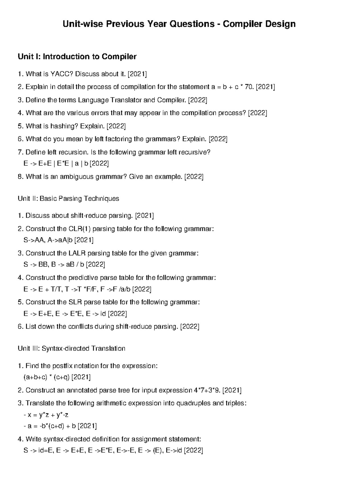 Unit-wise Previous Year Questions for Compiler Design (PYQs) - Studocu