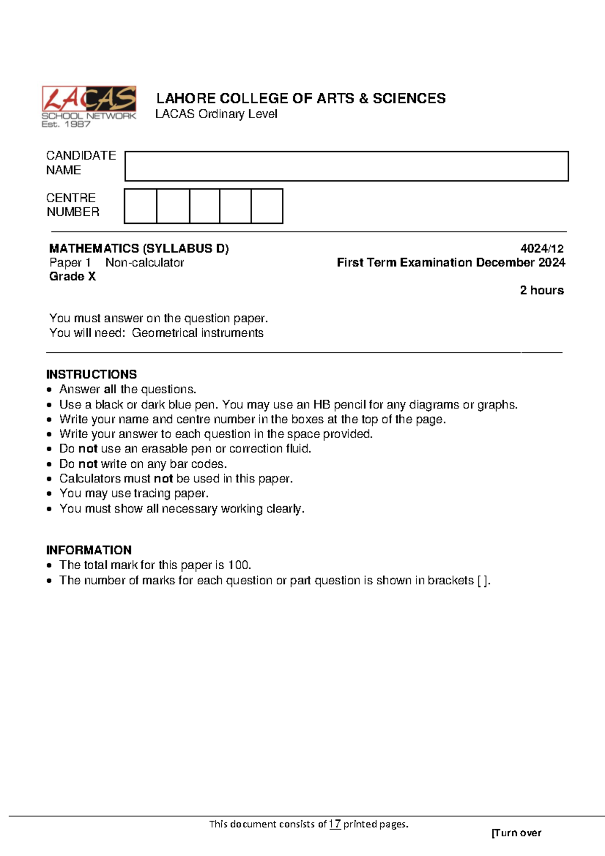 Grade X Mathematics (Syllabus D) MYE Paper 1 - December 2024 - Studocu