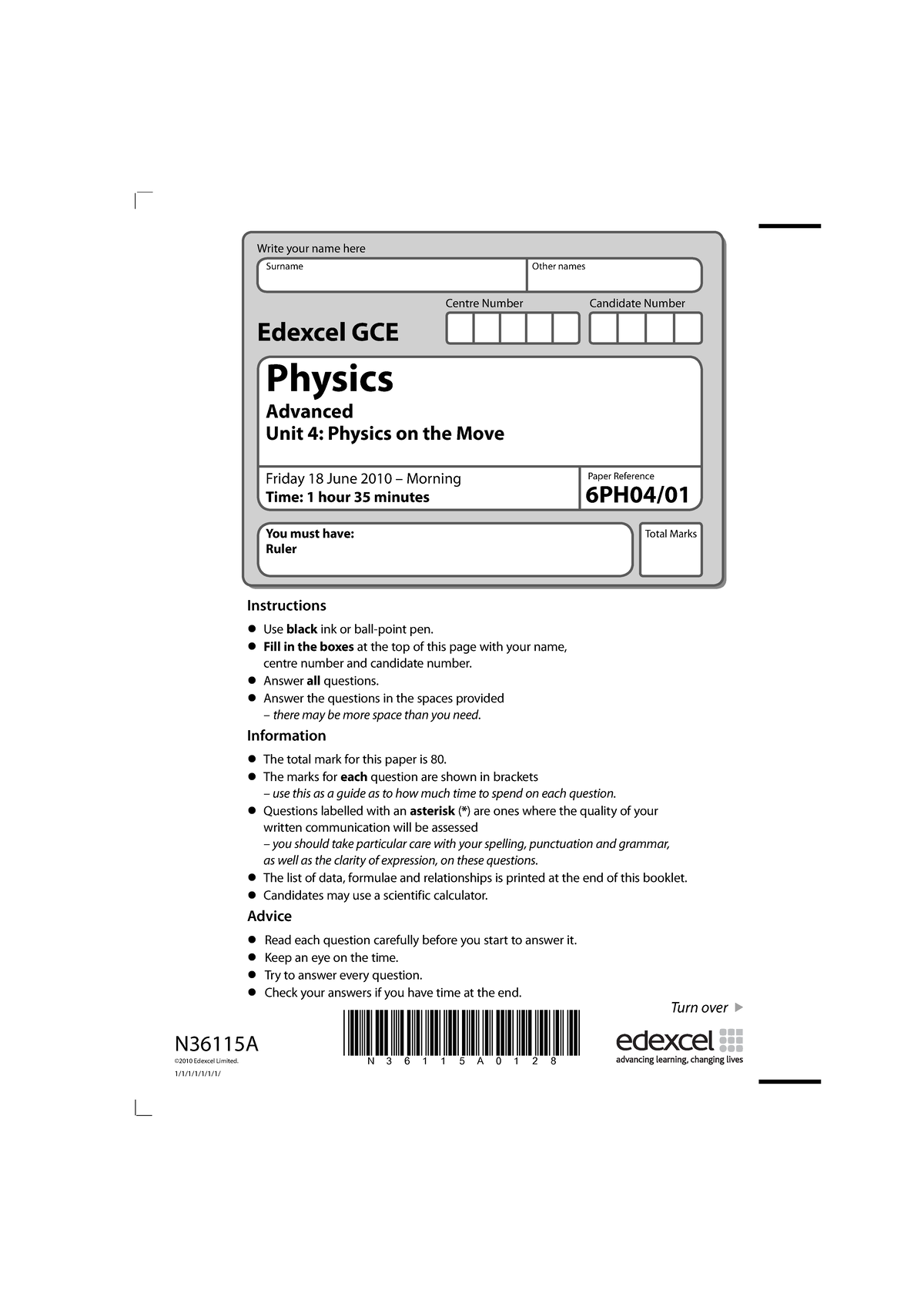 Questionpaper-Unit4(6PH04)-June2010 - Centre Number Candidate Number ...