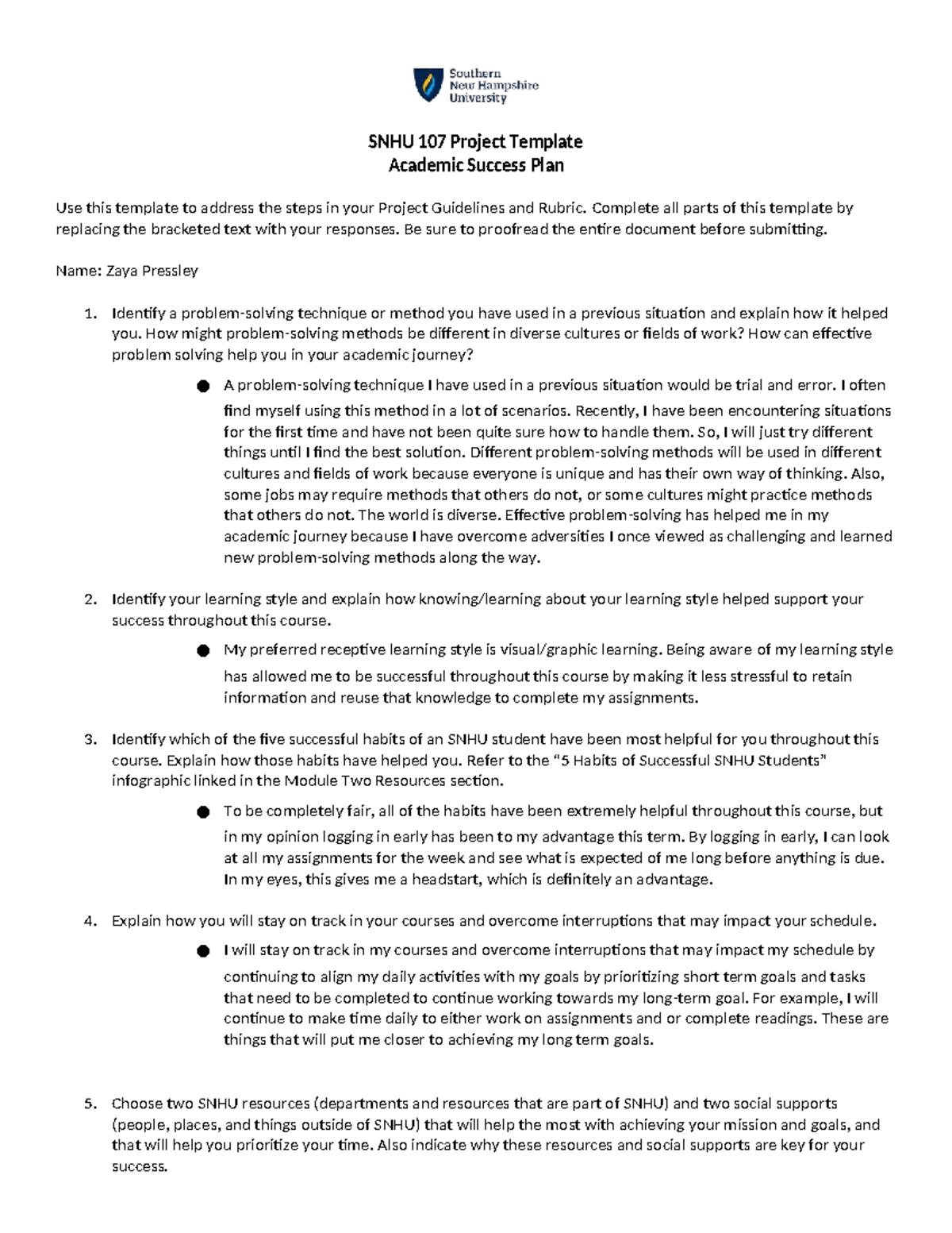 SNHU 107 Academic Success Plan Project Template - Studocu