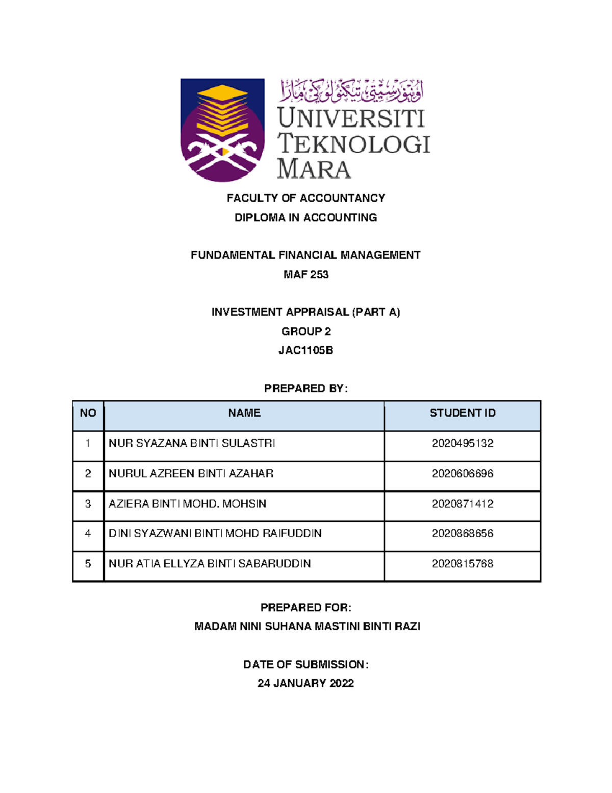 Group 2 MAF253 Investment Appraisal Analysis - JAC1105B Assignment - Studocu