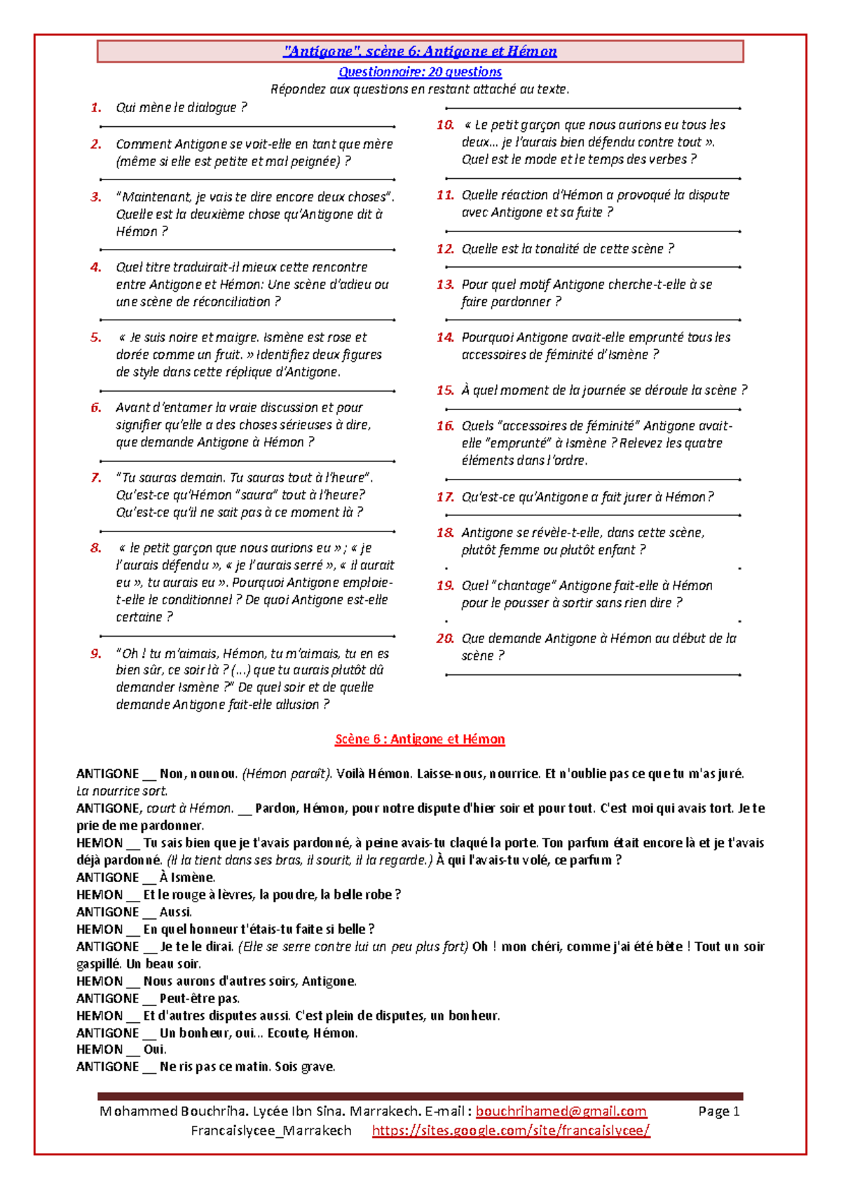 Antigone et Hémon: Questionnaire Scène 6 - Fiche Pédagogique - Studocu