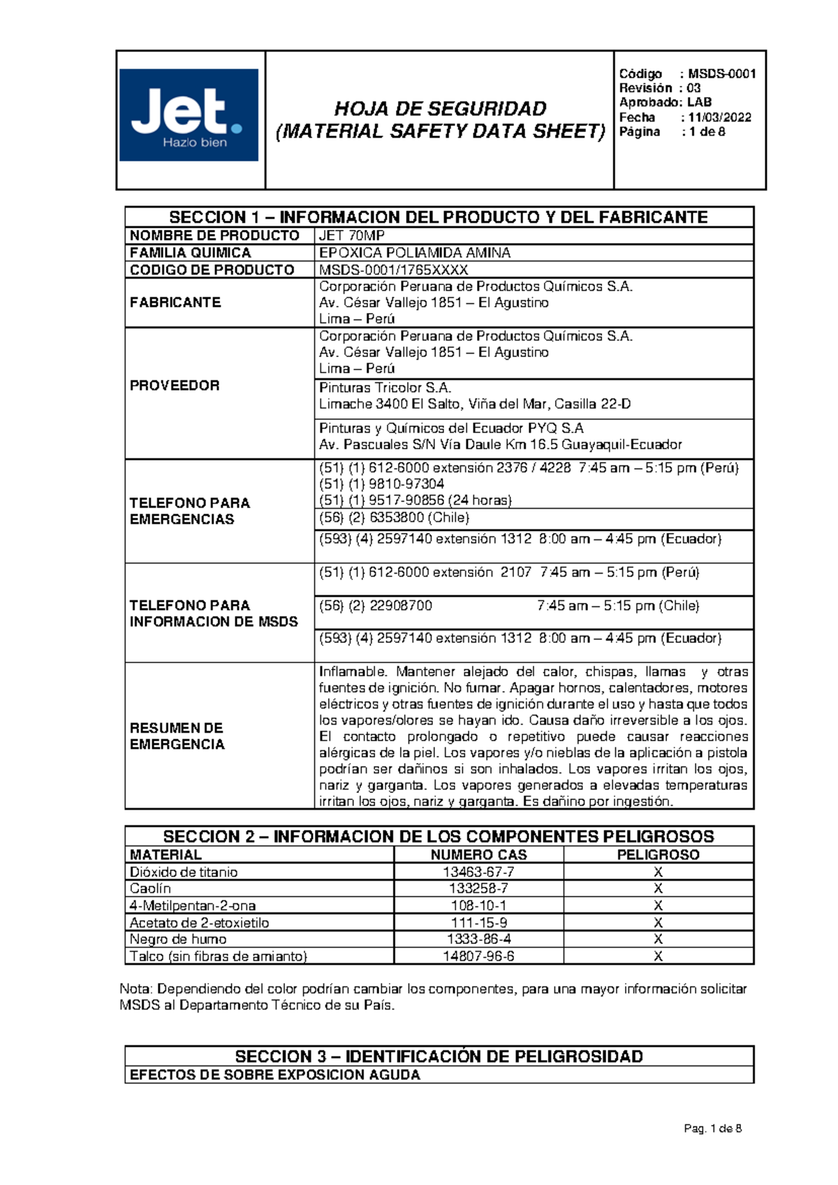 Hoja de Seguridad MSDS-0001 JET 70 MP - Material Químico SUSPEL - Studocu