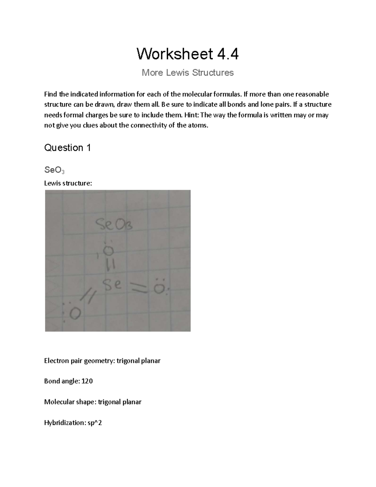 Chem 101: Worksheet 4.4 - Lewis Structures & Molecular Geometry - Studocu