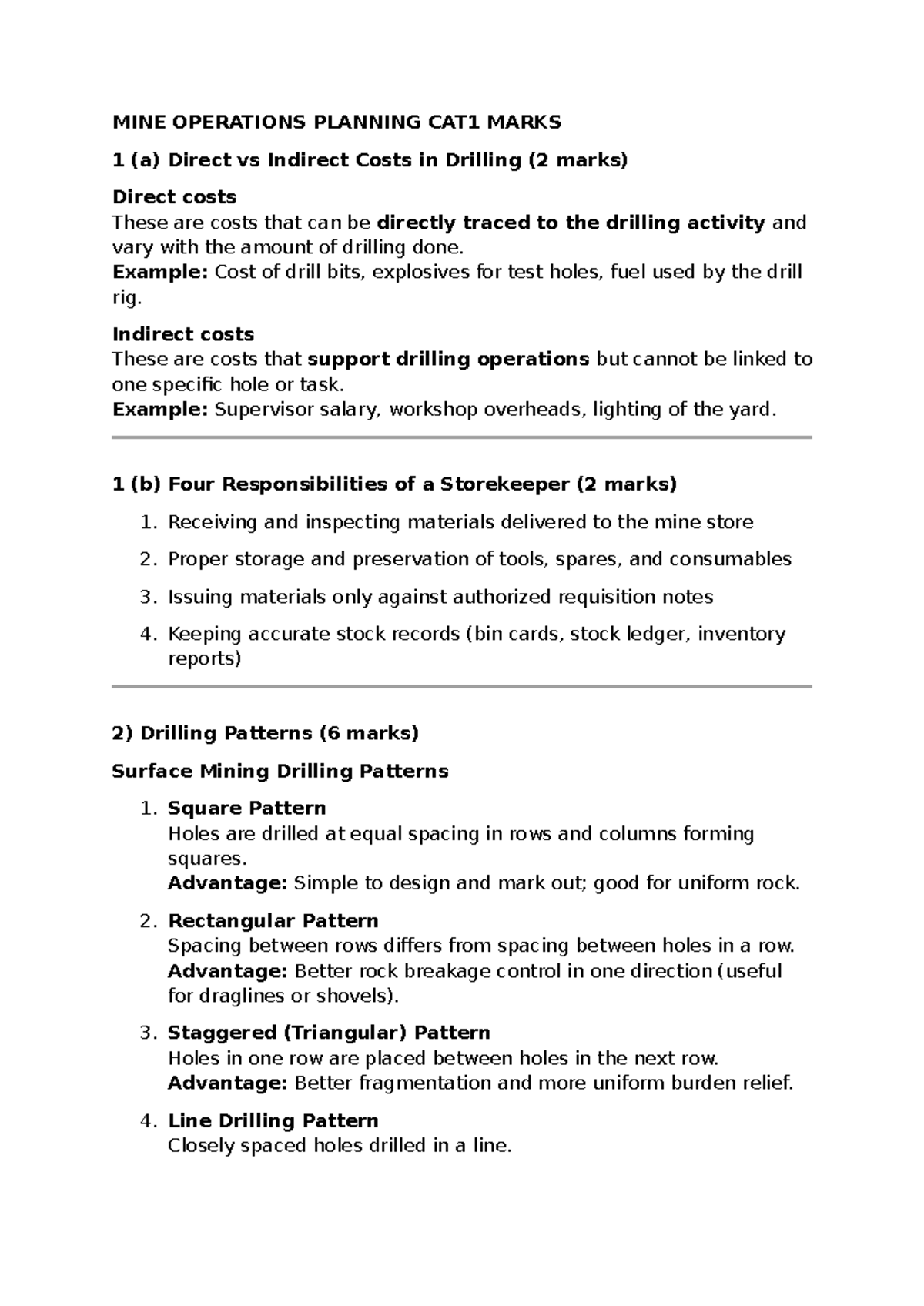 MINE OPERATIONS PLANNING CAT1: Costs, Drilling Patterns & Procedures ...