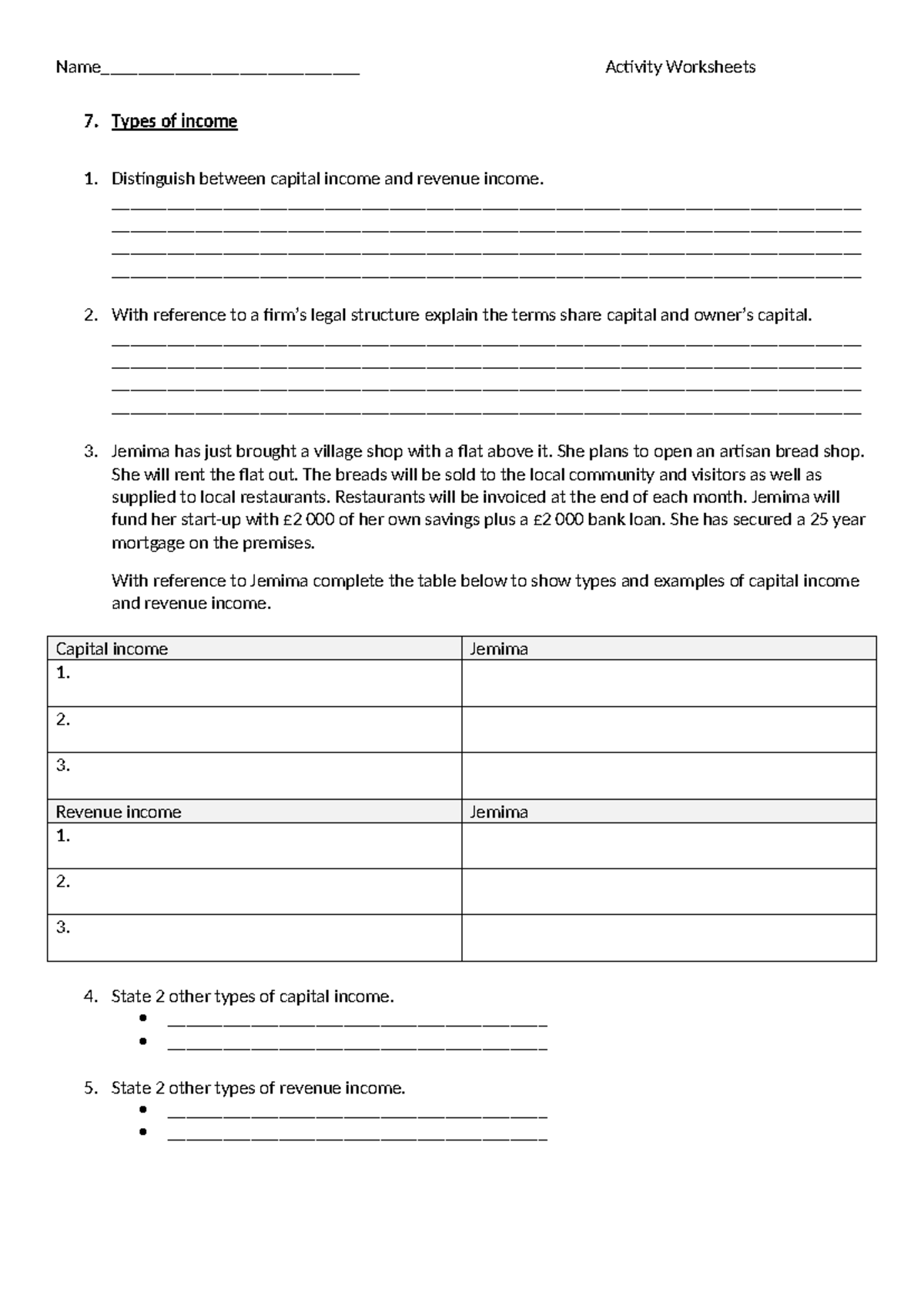Types of Income: Capital vs Revenue - Activity Worksheets - Studocu
