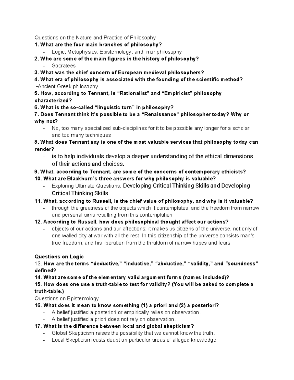 Philosophy 101 Exam 1 Review: Key Questions & Topics Overview - Studocu