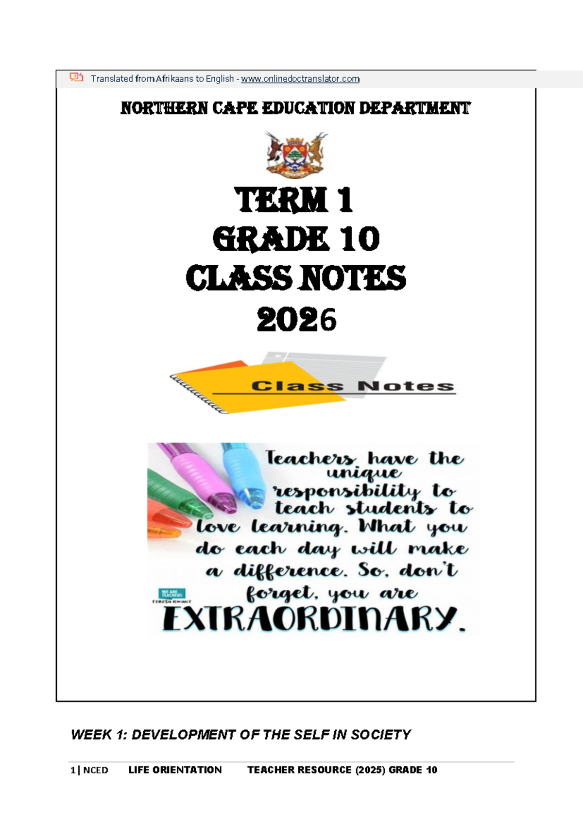 NCED LIFE ORIENTATION GRADE 10 TERM 1 CLASS NOTES: SELF DEVELOPMENT ...