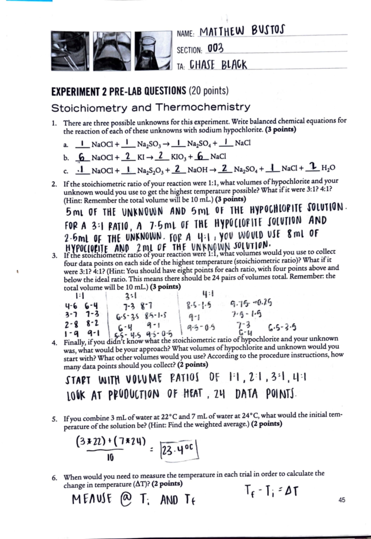 Pre-Lab 2: Stoichiometry & Thermochemistry for CHEM 107 - Studocu