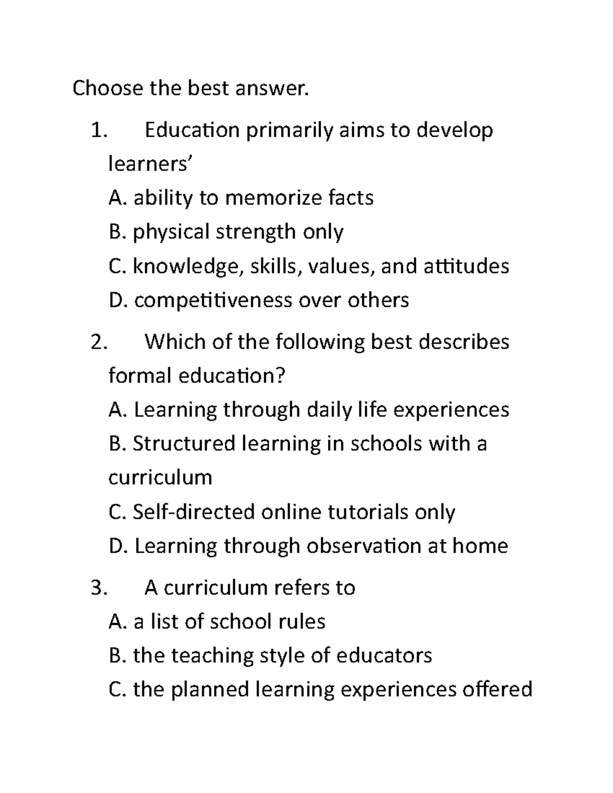 Education Skills Quiz: Best Answers & True/False Questions - Studocu